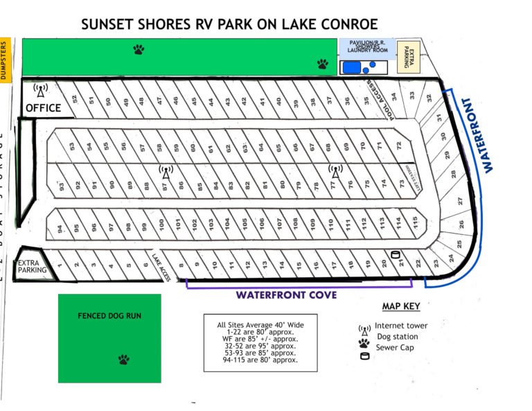 RV Site Layout with Rates | Sunset Shores RV Park
